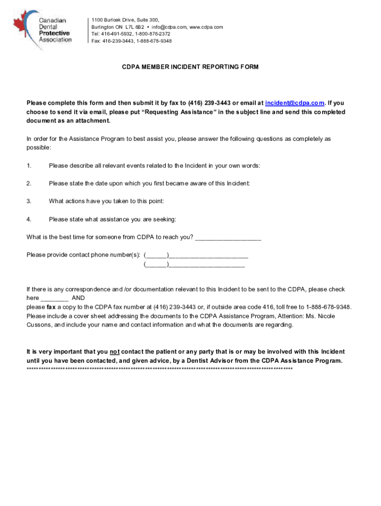 Fillable Online PDF CDPA MEMBER INCIDENT REPORTING FORM Please complete ... Fax Email Print ...