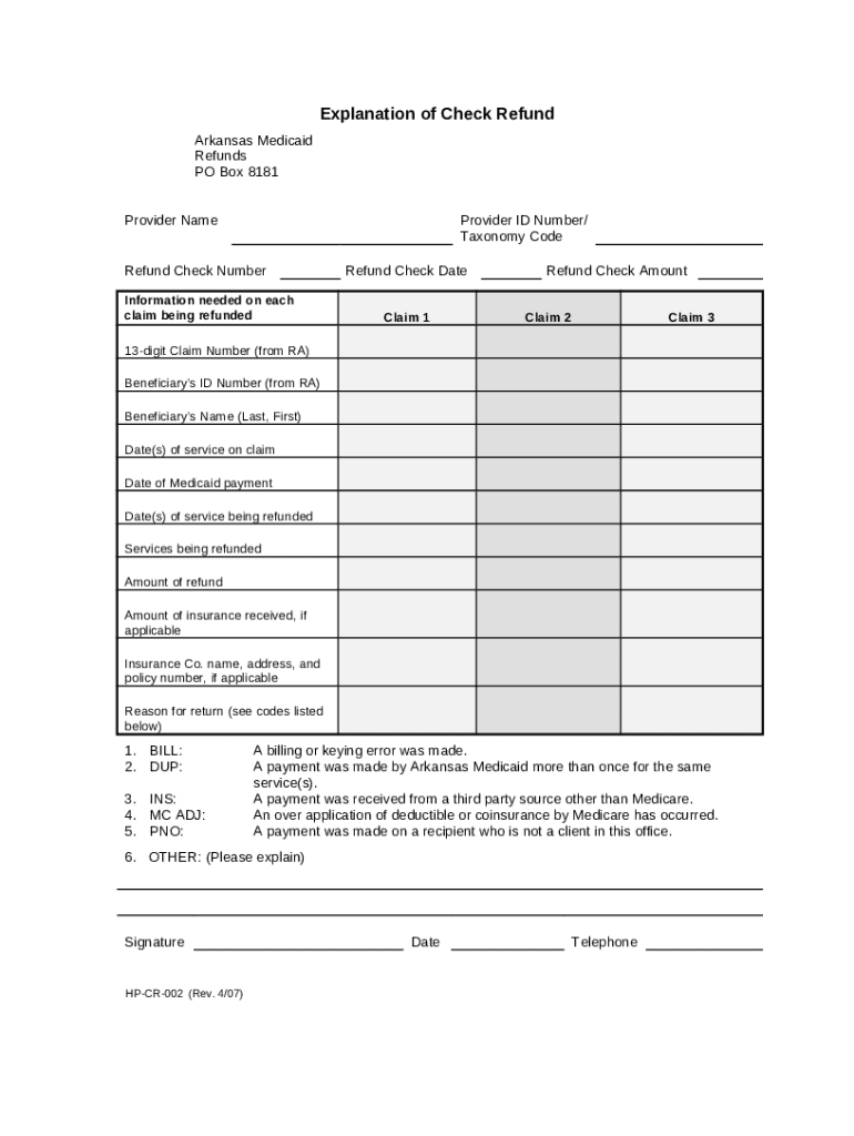 HP-CR-002 Explanation of Check Refund - Arkansas ... Doc Template ...