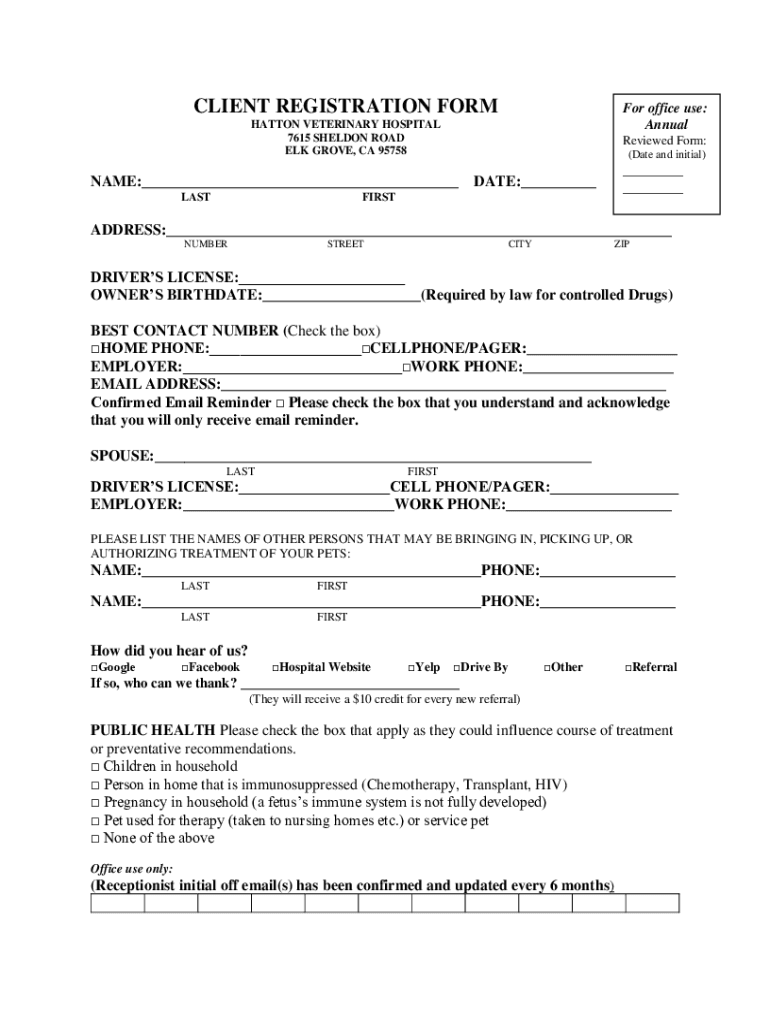 Fillable Online client registration form - Hatton Veterinary Hospital ...