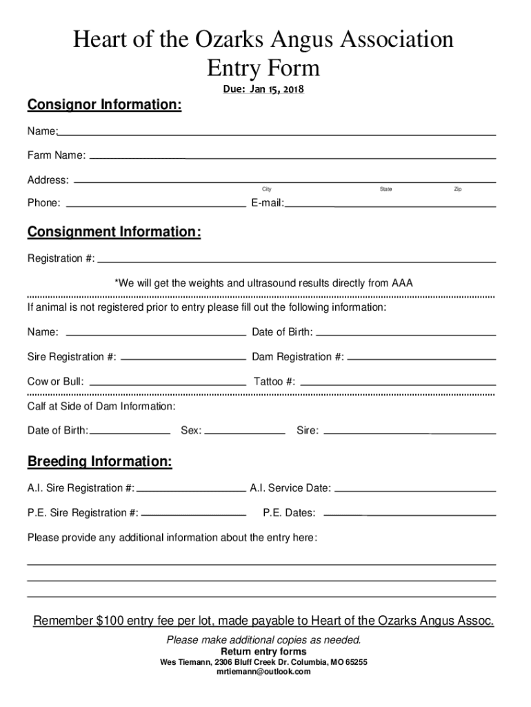 Fillable Online Heart of the Ozarks Entry Form - Heart Of The Ozarks Angus Fax Email Print ...
