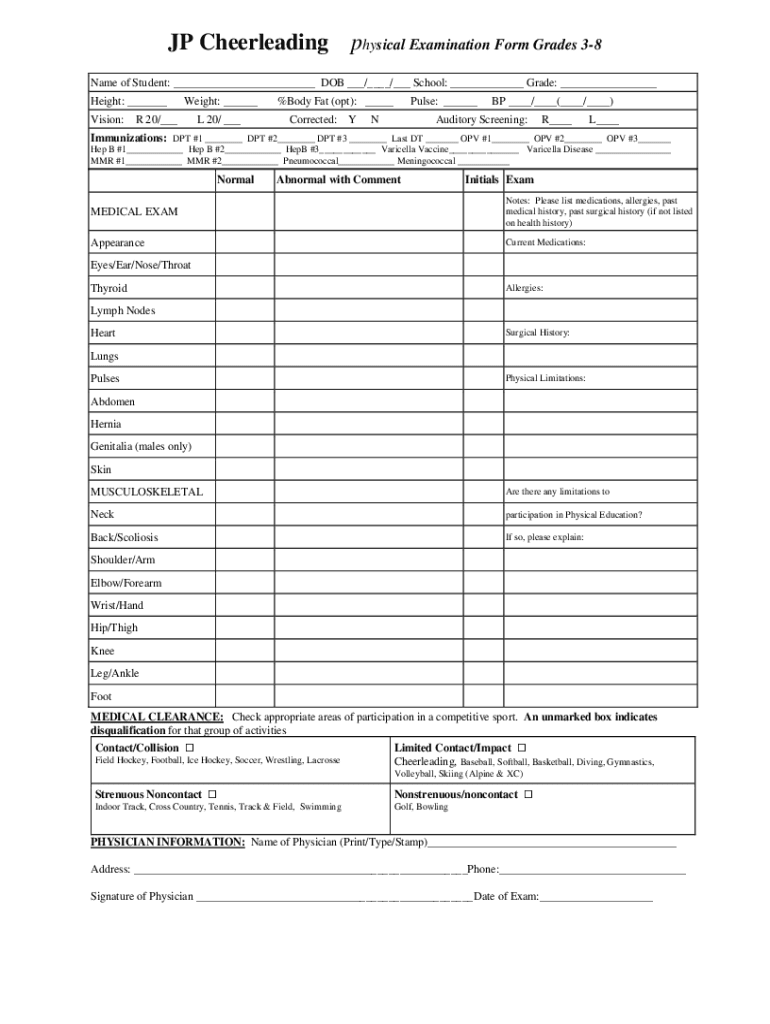 Fillable Online JP Cheerleading physical Examination Form Grades 4-8 ...