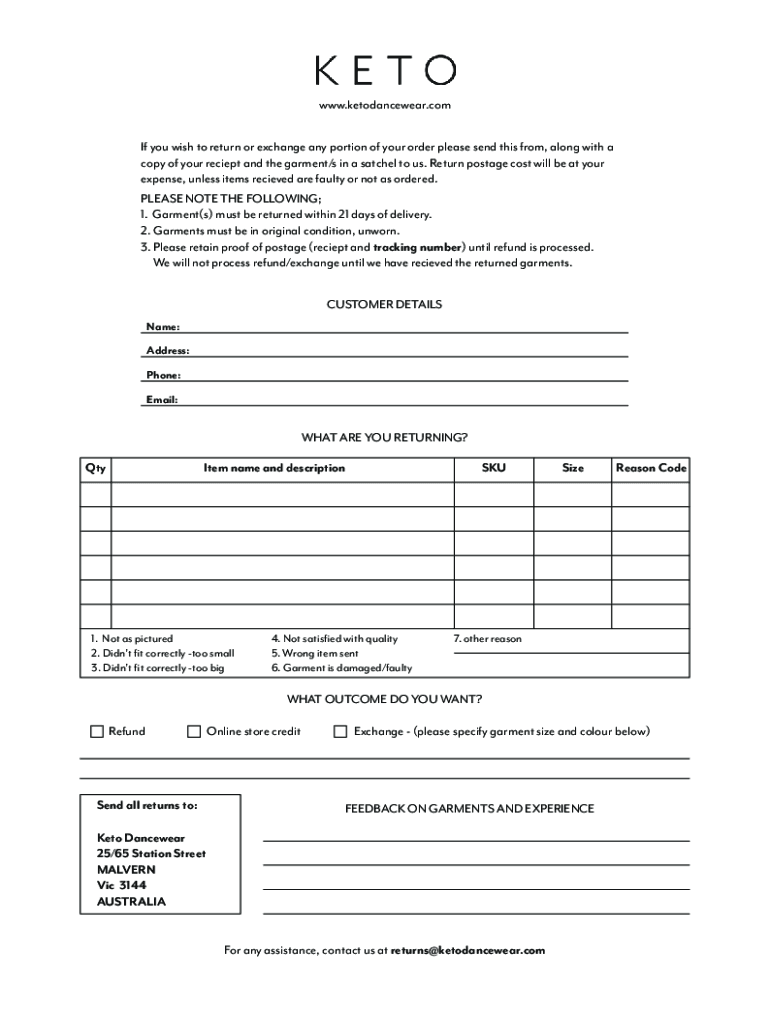 Fillable Online KETO RETURNS FORM Fax Email Print - pdfFiller