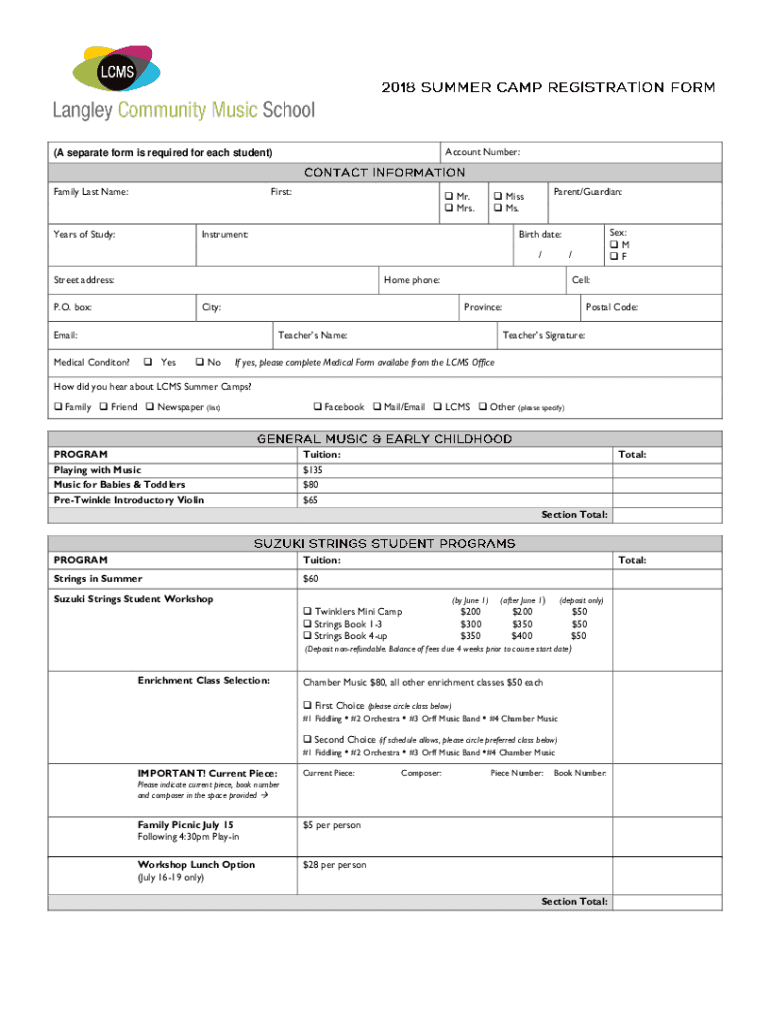 Fillable Online Summer registration form - Langley Community Music School Fax Email Print ...