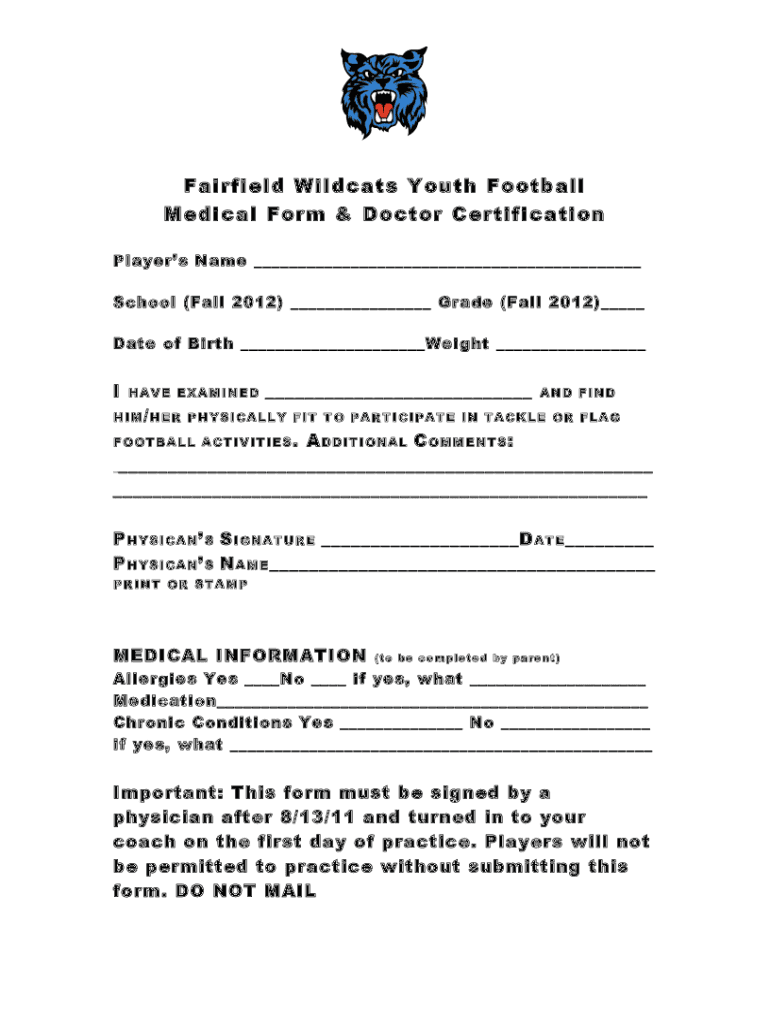 Fillable Online Physical Form - Snoop Youth Football League Fax Email ...