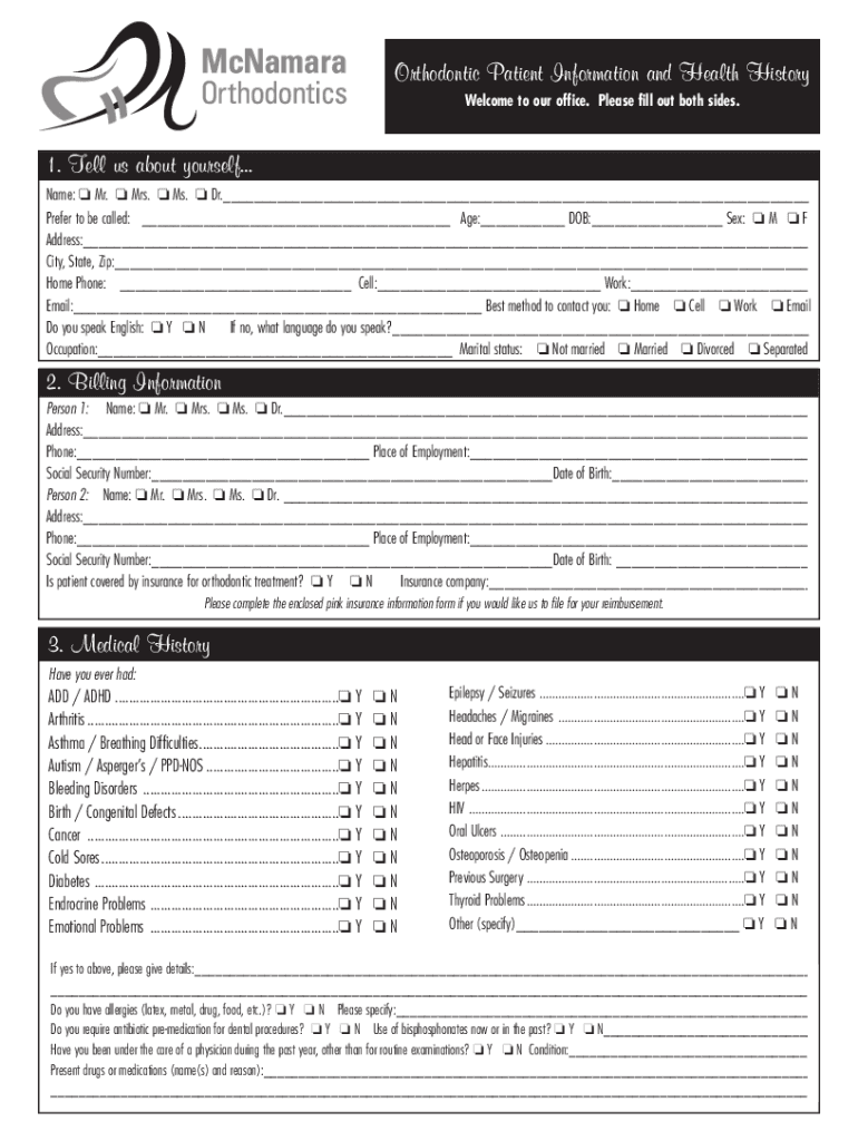 Fillable Online McNamara Orthodontic Patient Information and Health ... Fax Email Print - pdfFiller