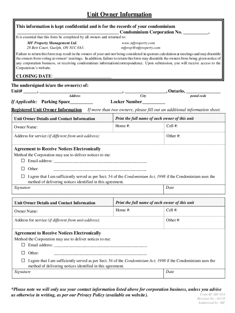 Fillable Online Unit Owner Information - Shiftsuite Fax Email Print - pdfFiller