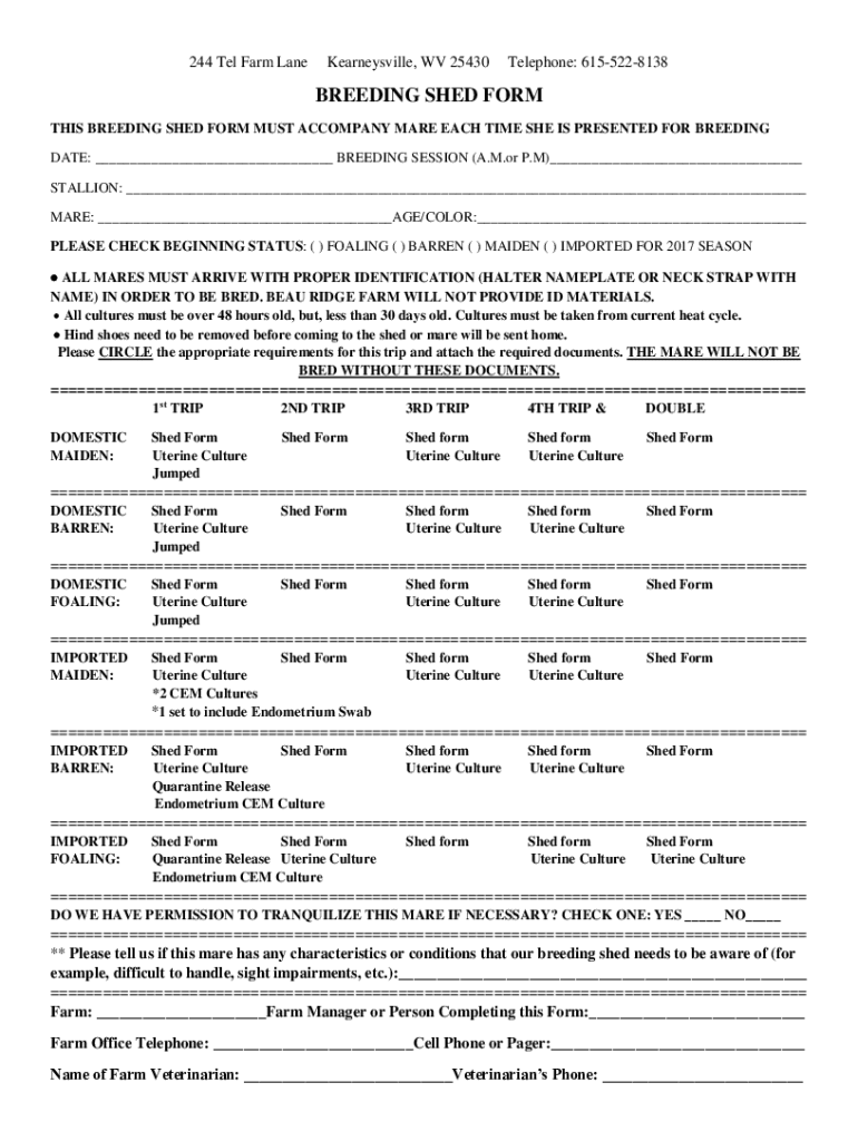 Fillable Online THIS BREEDING SHED FORM MUST ACCOMPANY MARE EACH TIME ...