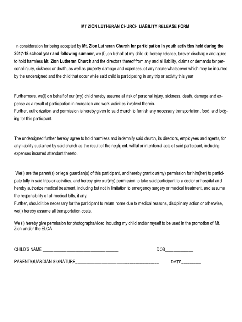 Fillable Online MT. ZION LUTHERAN CHURCH LIABILITY RELEASE FORM Fax ...