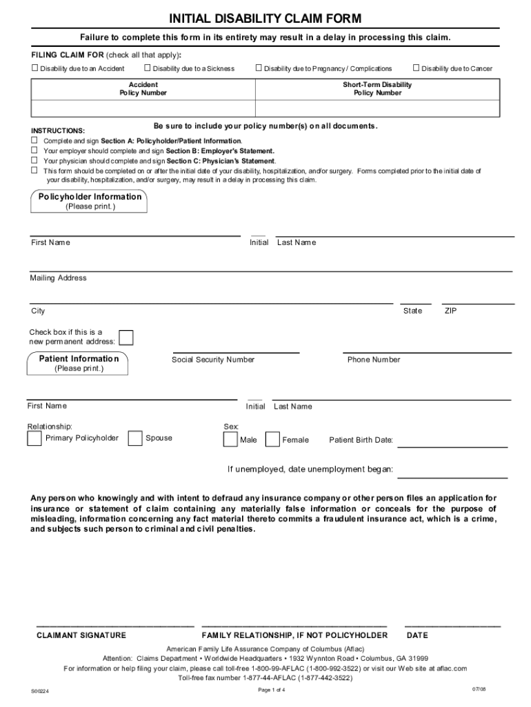 Fillable Online INITIAL DISABILITY CLAIM FORM - Snohomish County, WA ...