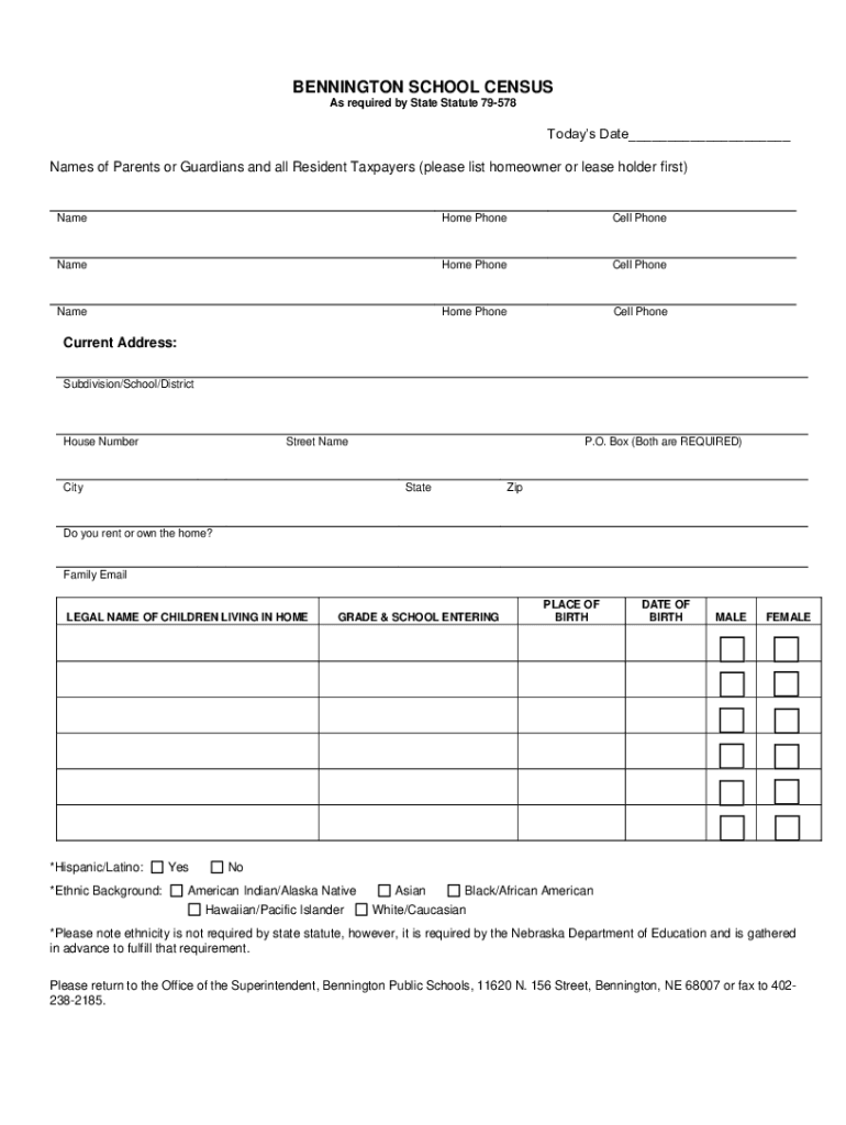 Fillable Online BENNINGTON SCHOOL CENSUS Fax Email Print - pdfFiller