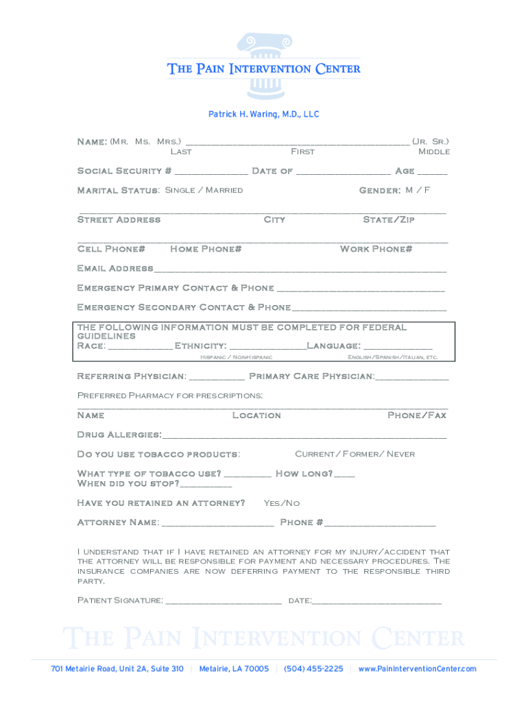 Fillable Online PIC General Patient Information Intake Form Fax Email ...