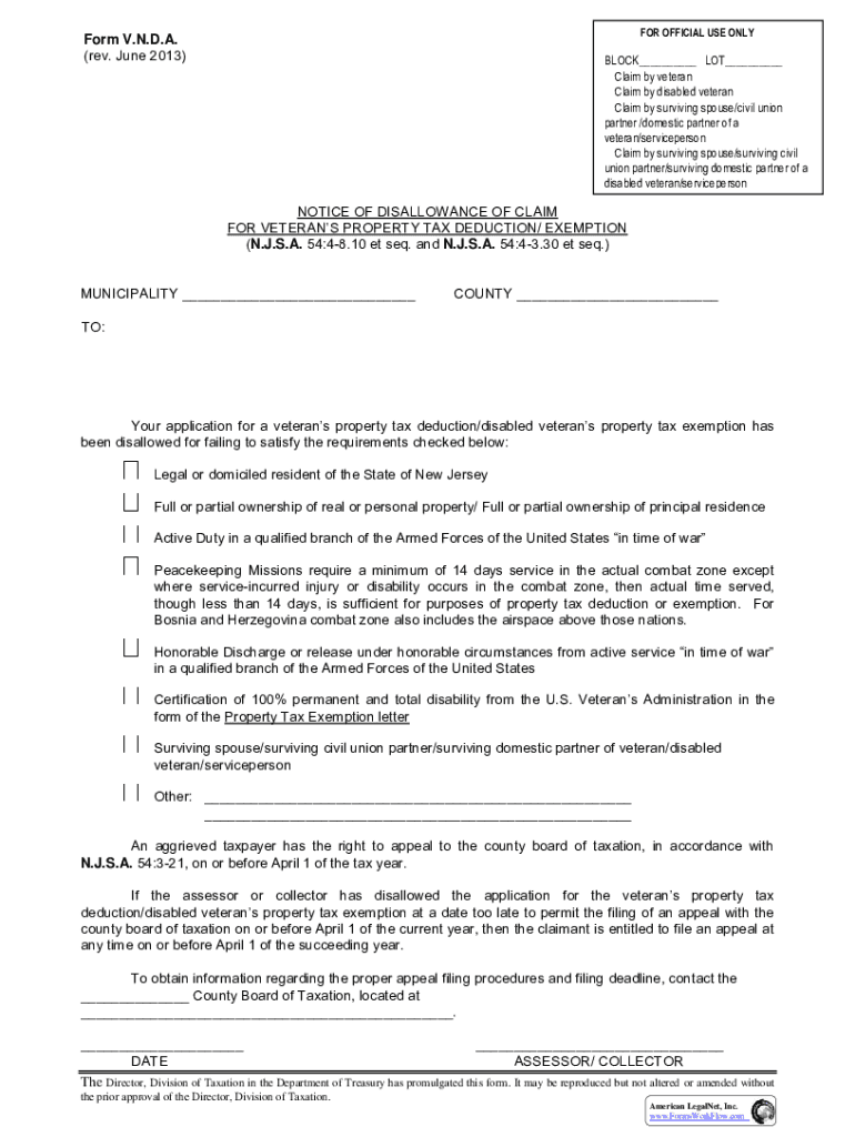 Fillable Online Form VNDA - Notice of Disallowance of Claim for Veteran ...
