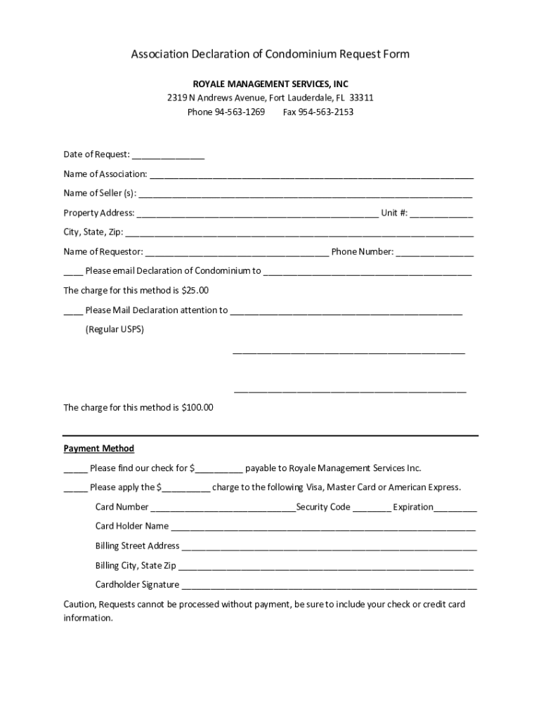 Fillable Online Association Declaration of Condominium Request Form Fax ...