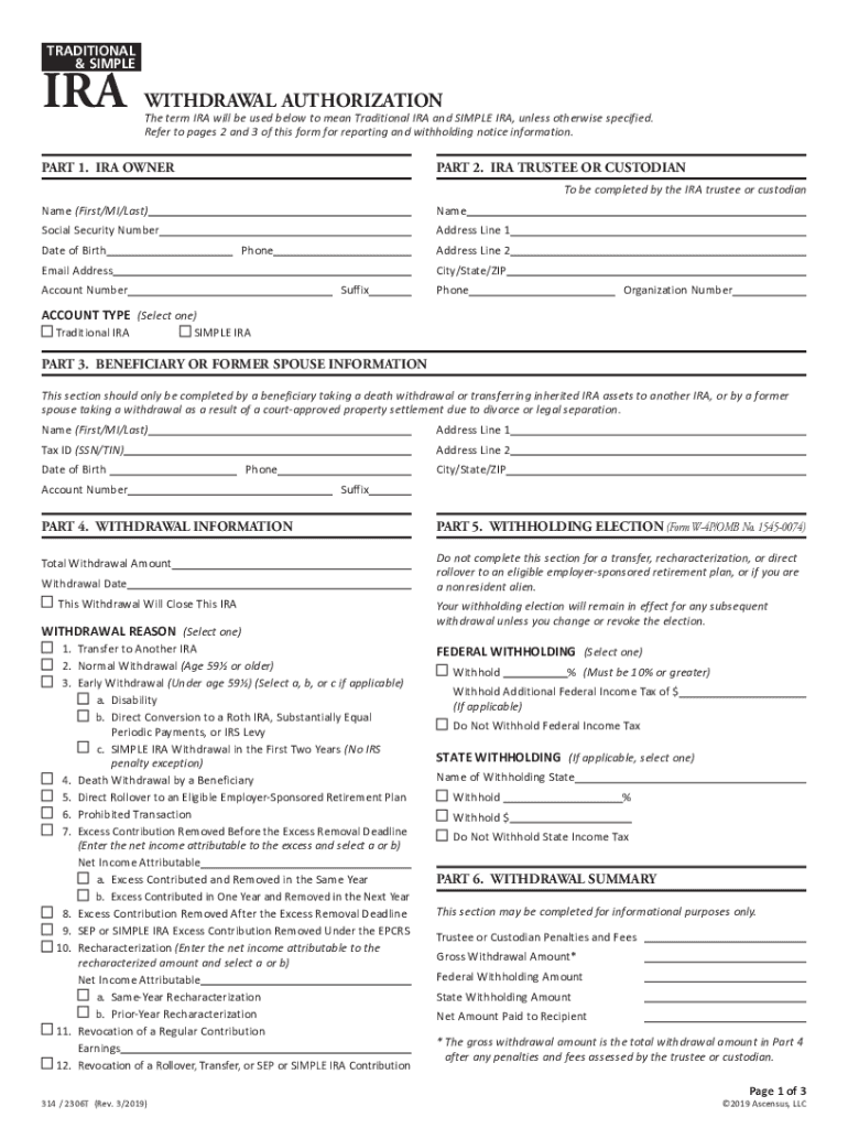 Fillable Online 314 Traditional and SIMPLE IRA Withdrawal Authorization ...