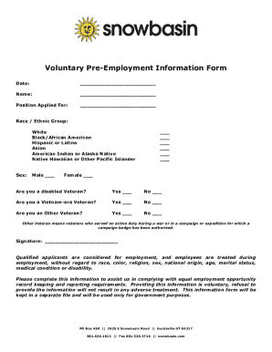 Fillable Online Voluntary Pre-Employment Information Form - Snowbasin ...