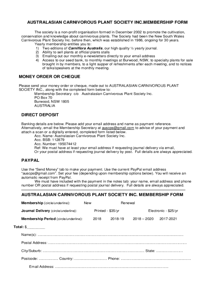 Fillable Online AUSTRALASIAN CARNIVOROUS PLANT SOCIETY INC.MEMBERSHIP ...