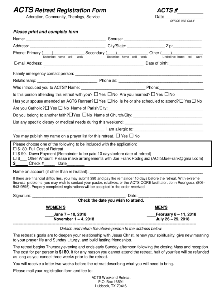 Fillable Online A.C.T.S Retreat Registration Form ADORATION COMMUNITY ...