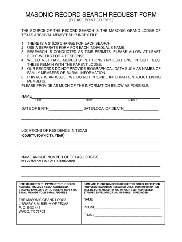Fillable Online MASONIC RECORD SEARCH REQUEST FORM - Grand Lodge of Texas Fax Email Print ...
