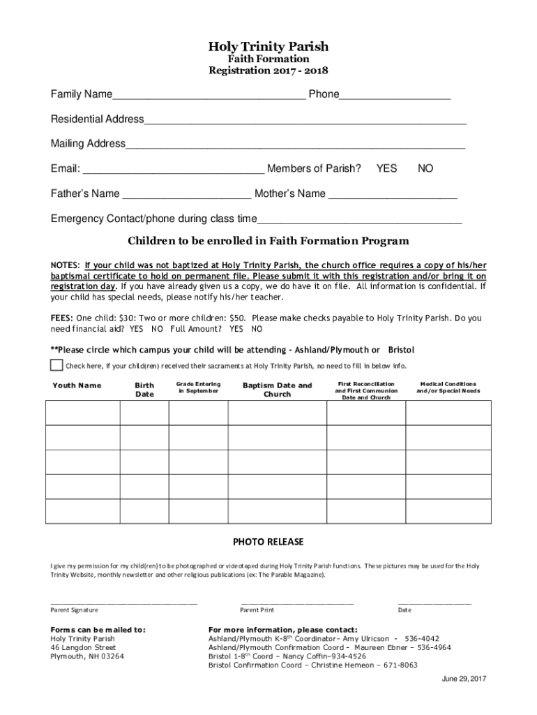 Fillable Online 2017-2018 Faith Formation Registration Form Revised Fax ...