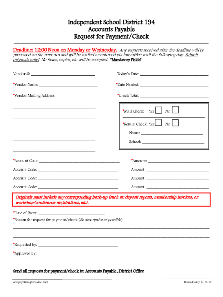 Fillable Online Independent School District 194 Accounts Payable ...