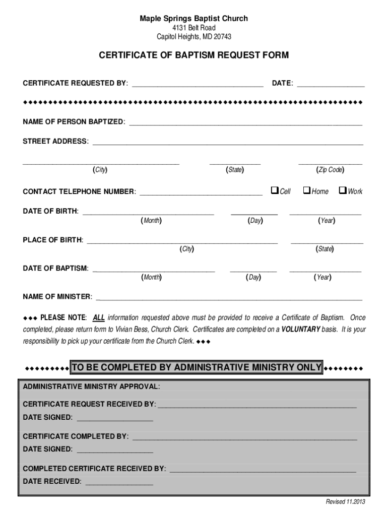 Fillable Online Certificate of Child Dedication Request Form - 12 Fax ...