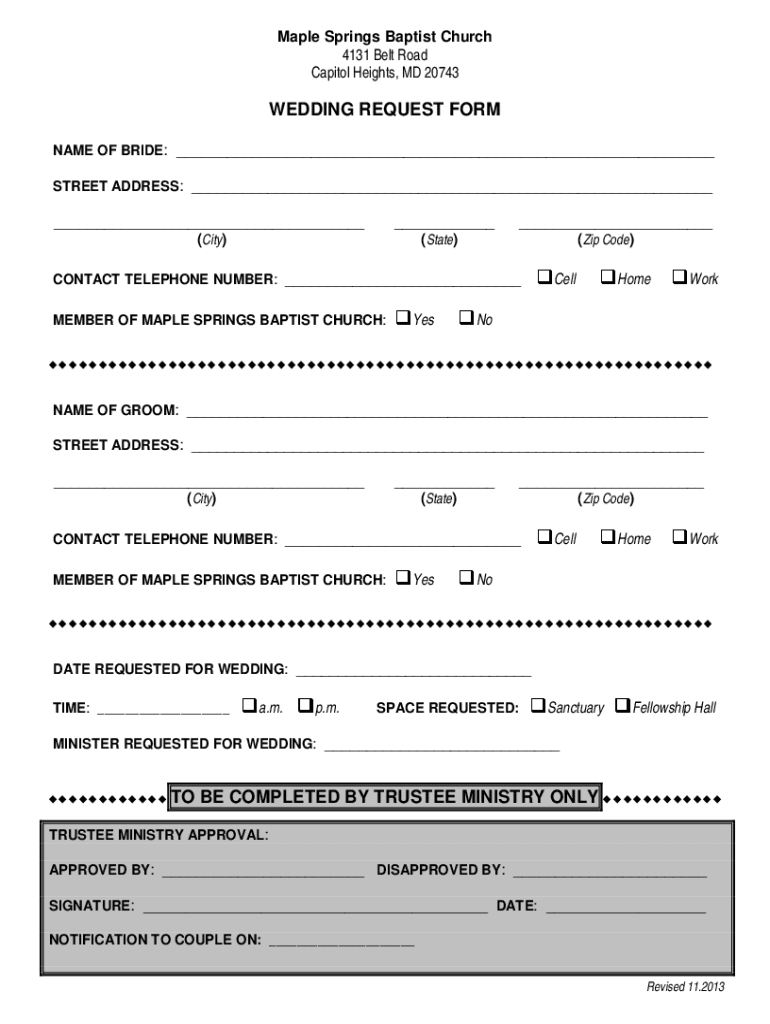 Fillable Online Wedding Request Form - 11 - Maple Springs Baptist ...