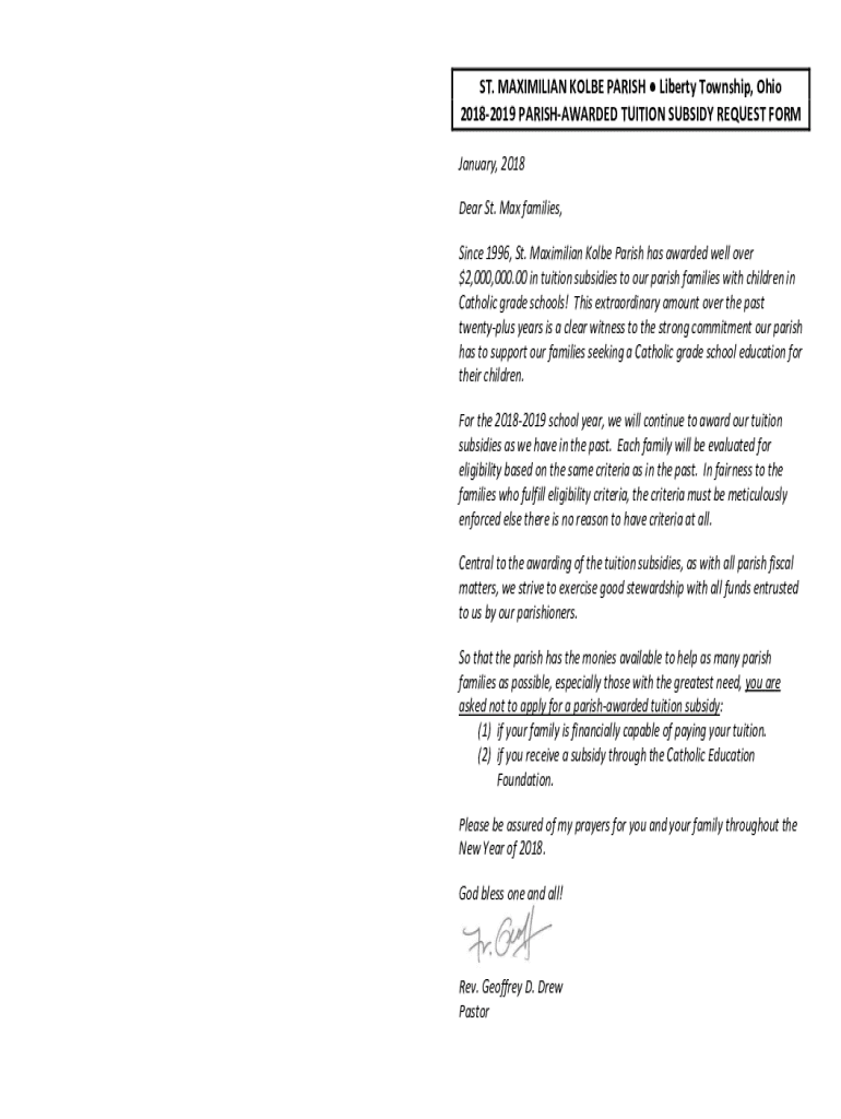 Fillable Online 2018-2019 PARISH-AWARDED TUITION SUBSIDY REQUEST FORM Fax Email Print - pdfFiller