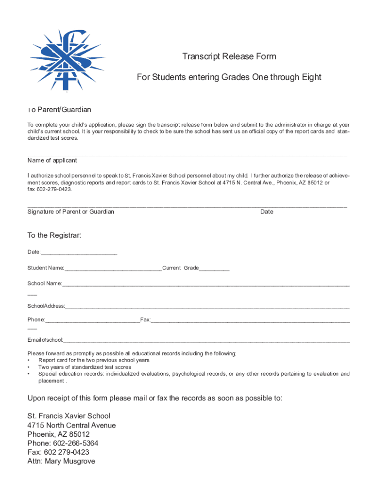 Fillable Online school sfxphx Transcript Release Form For Students ...