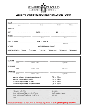 Fillable Online Adult Confirmation Registration Form - Archdiocese of ...