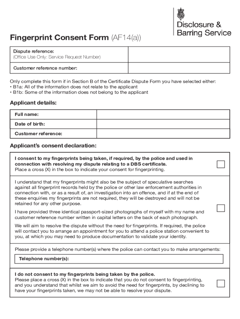 Fillable Online DBS certificate disputes and fingerprint consent ...