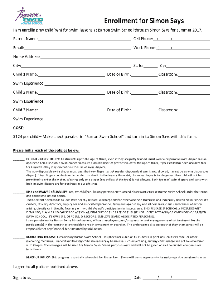 Fillable Online Simon Says Swim Enrollment Form.docx Fax Email Print ...