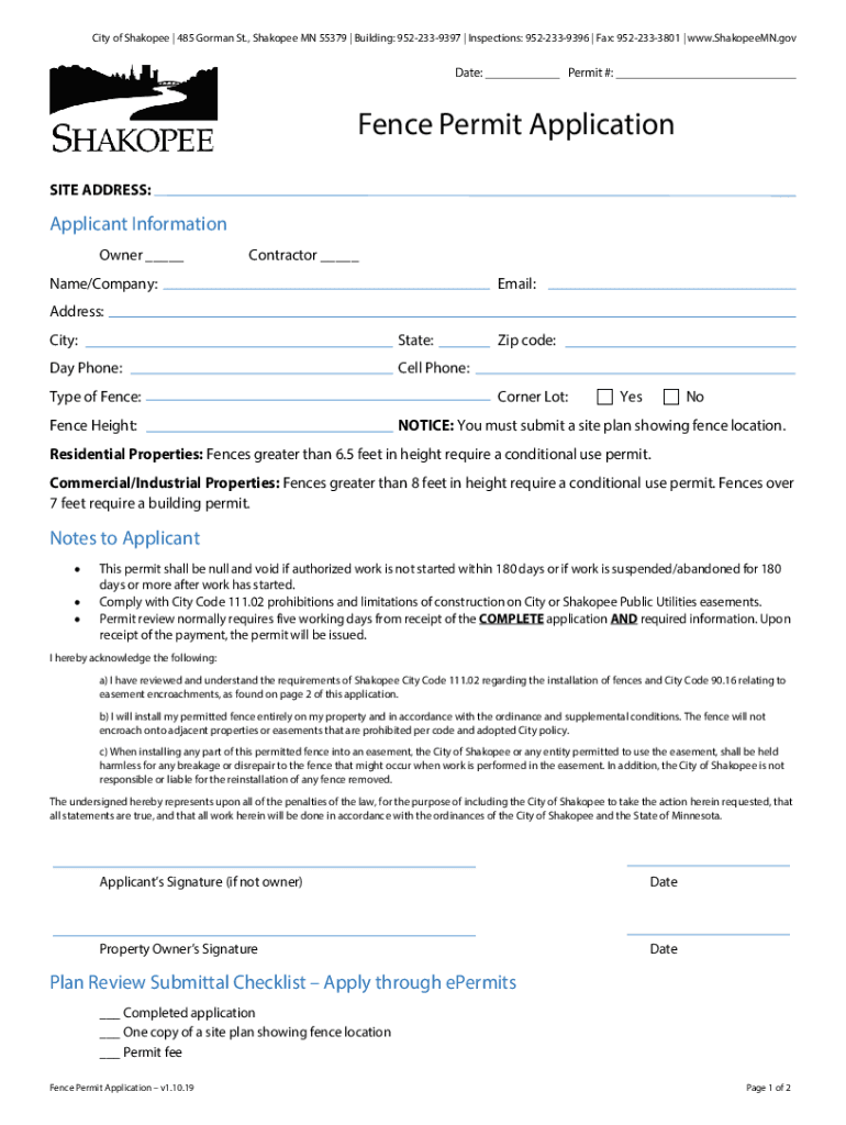 Fillable Online Fence Permit Application - Shakopee Fax Email Print ...