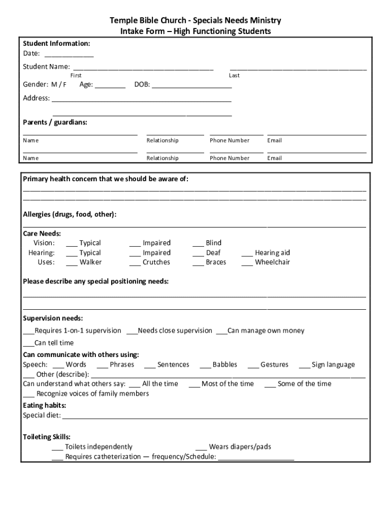 Fillable Online Temple Bible Church - Specials Needs Ministry Intake ...