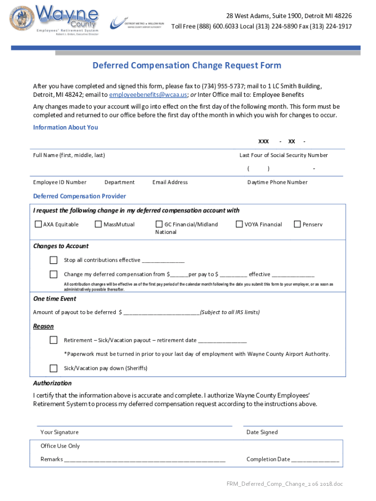 Fillable Online Fillable Online wcers Deferred Compensation Change ...