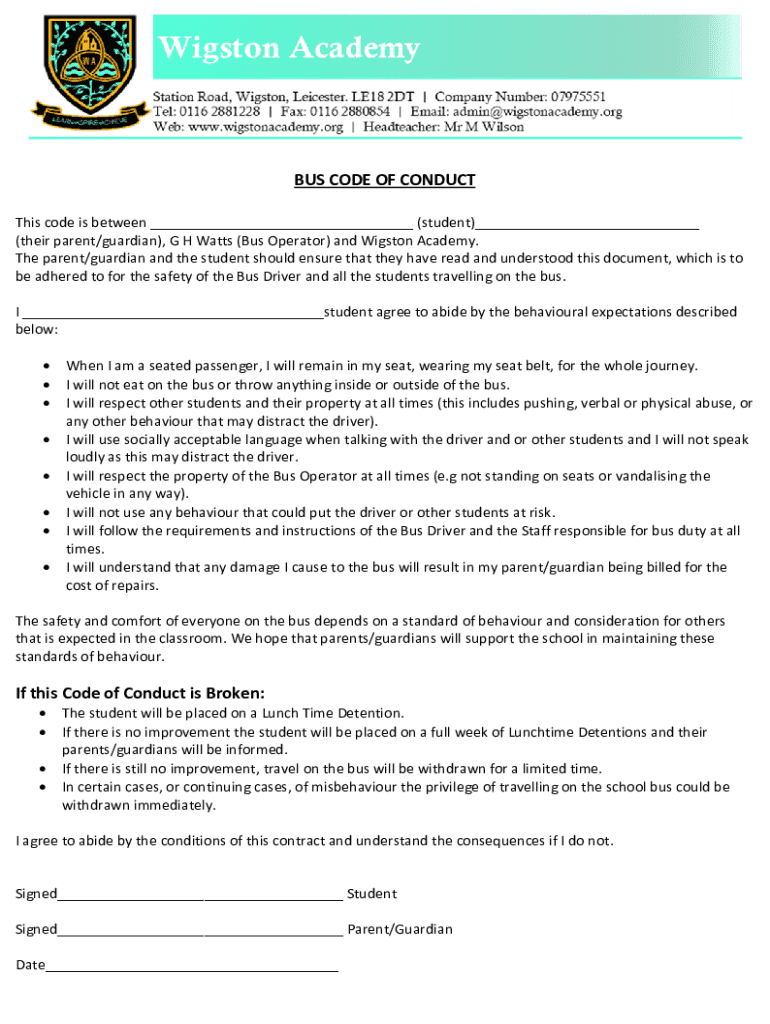 Fillable Online BUS CODE OF CONDUCT - Wigston Academy Fax Email Print ...