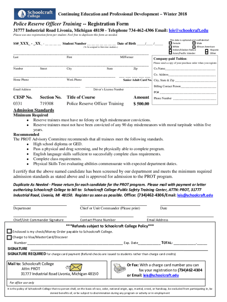 Fillable Online Police Reserve Officer Training -- Registration Form ...