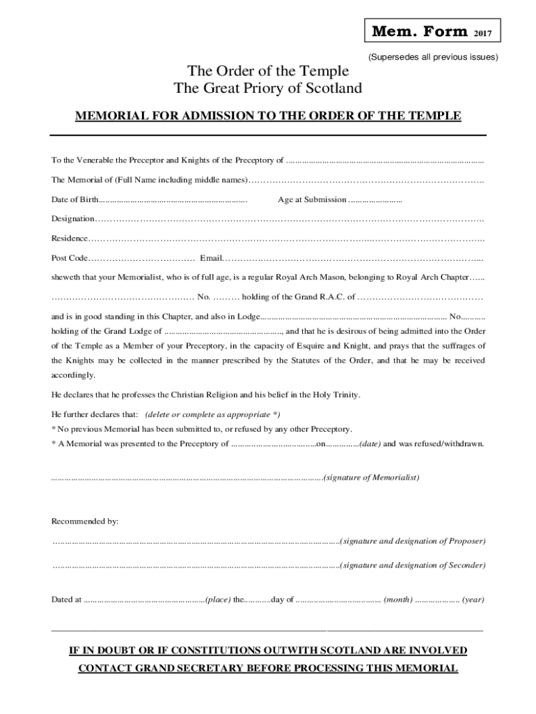 Fillable Online greatprioryofscotland co The Order of the Temple Mem ...