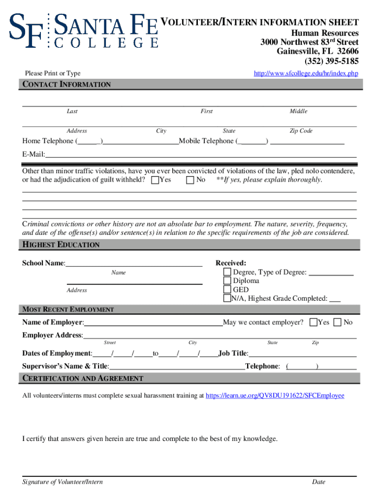 Fillable Online Volunteer Intern Information Sheet Fax Email Print ...