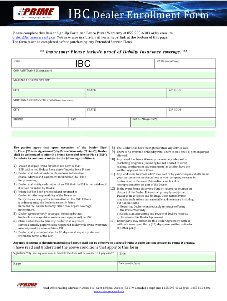 Fillable Online Ibc Dealer Enrollment Form Fax Email