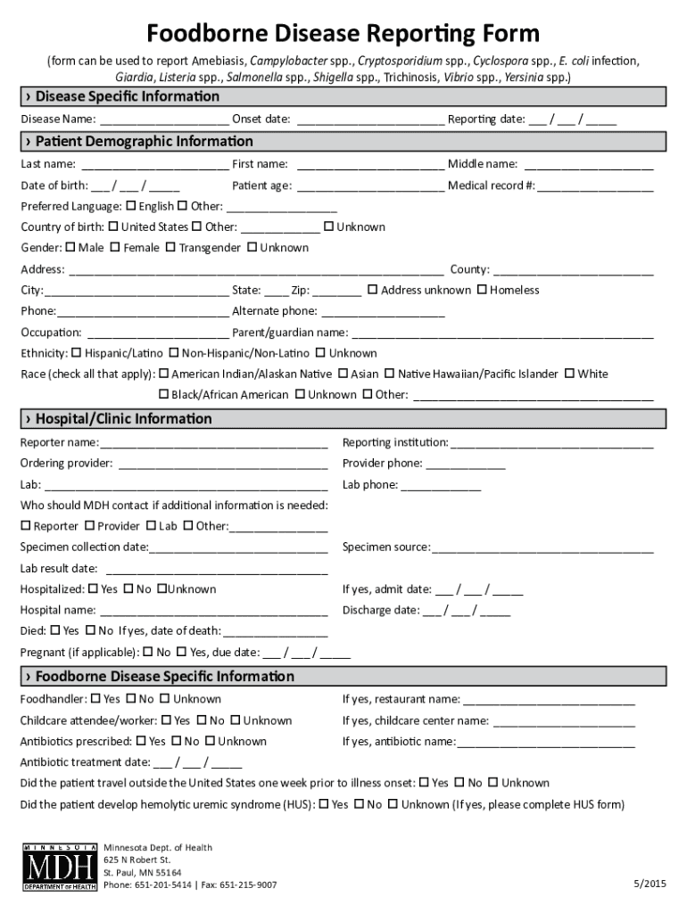 Fillable Online Enteric Disease Reporting Form - Minnesota Department ...