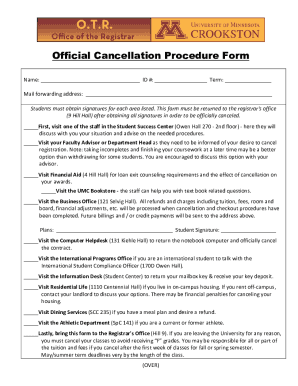 Fillable Online Official Cancellation Procedure Form - One Stop Student ...