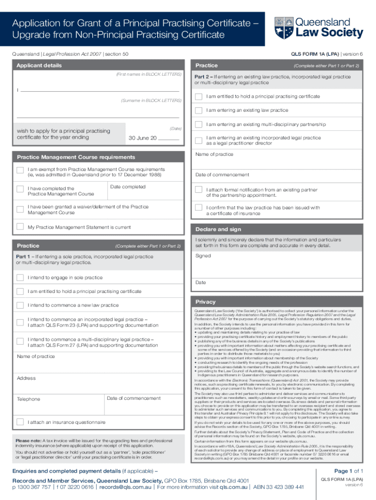 Fillable Online QLS Form 1A (LPA)Version 6Application for Grant of a ...