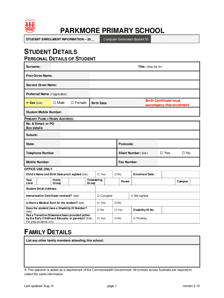 Fillable Online parkmore vic edu Student Enrolment Form - Parkmore ...