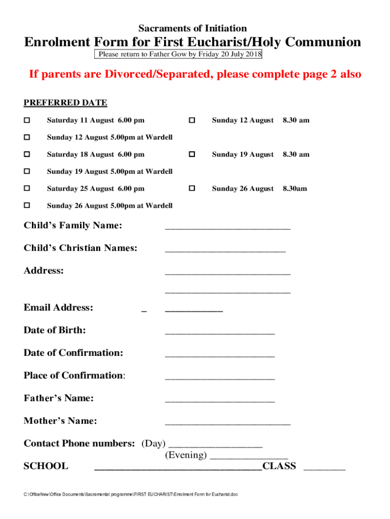 Fillable Online The Sacrament of Holy Eucharist - First Holy Communion ...
