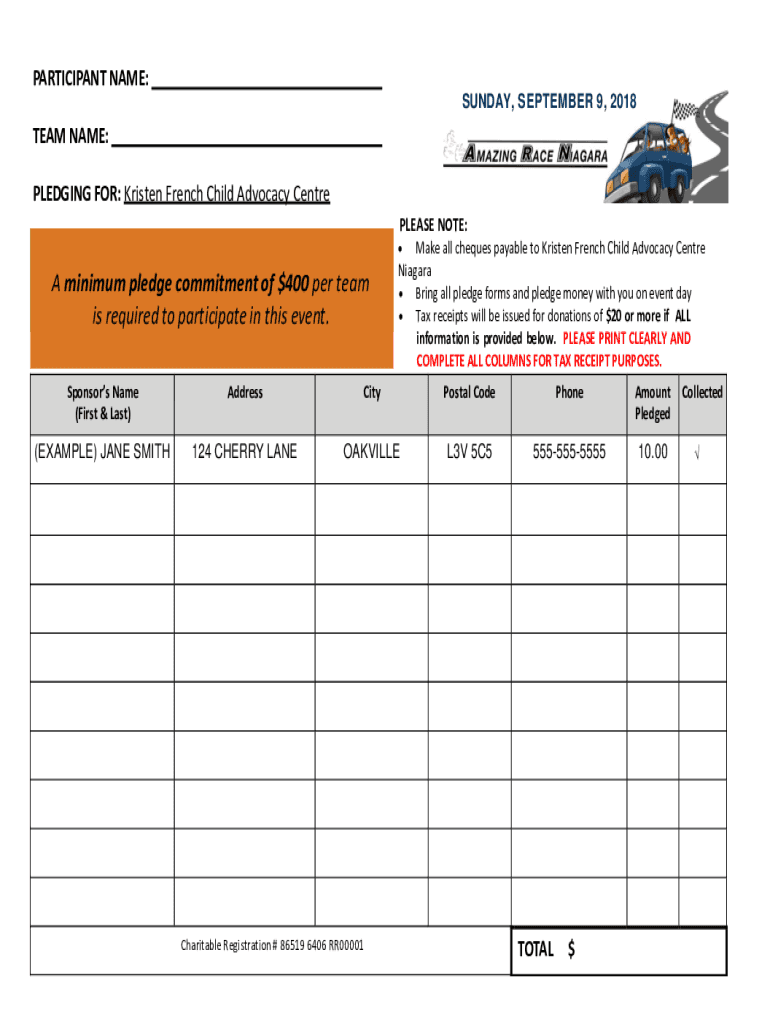 Fillable Online PLEDGING FOR: Kristen French Child Advocacy Centre Fax ...