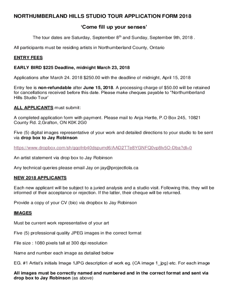 Fillable Online NORTHUMBERLAND HILLS STUDIO TOUR APPLICATION FORM 2018 ...