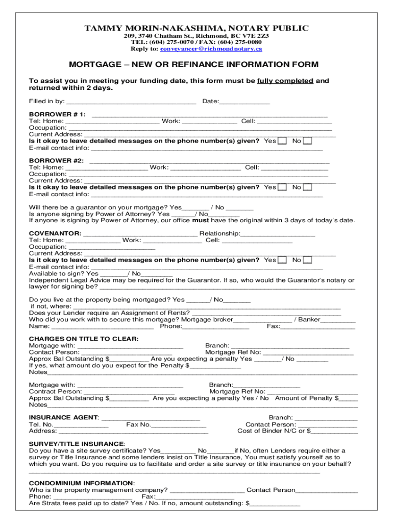 Fillable Online MORTGAGENEW OR REFINANCE INFORMATION FORM Fax Email ...