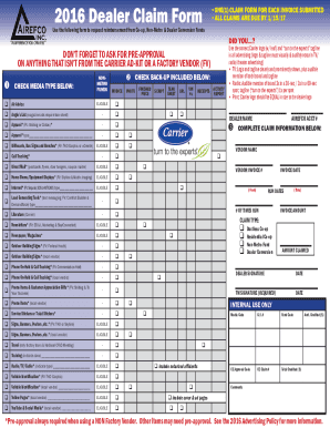Fillable Online 2016 Dealer Claim Form 0NE(1) CLAIM FORM FOR EACH ...