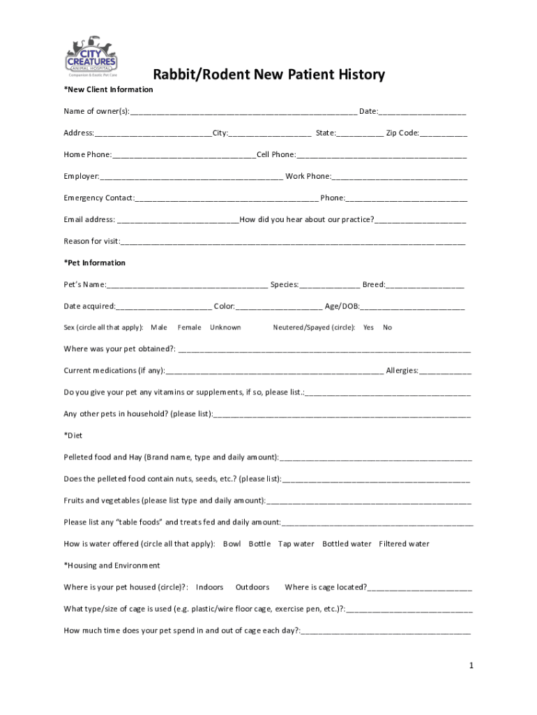 Fillable Online Rabbit Rodent new patient history form.docx Fax Email Print - pdfFiller