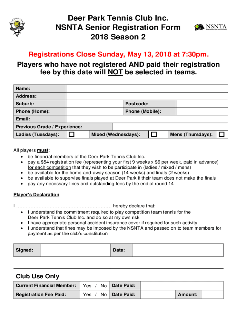 Fillable Online Deer Park Tennis Club Inc. NSNTA Senior Registration ...